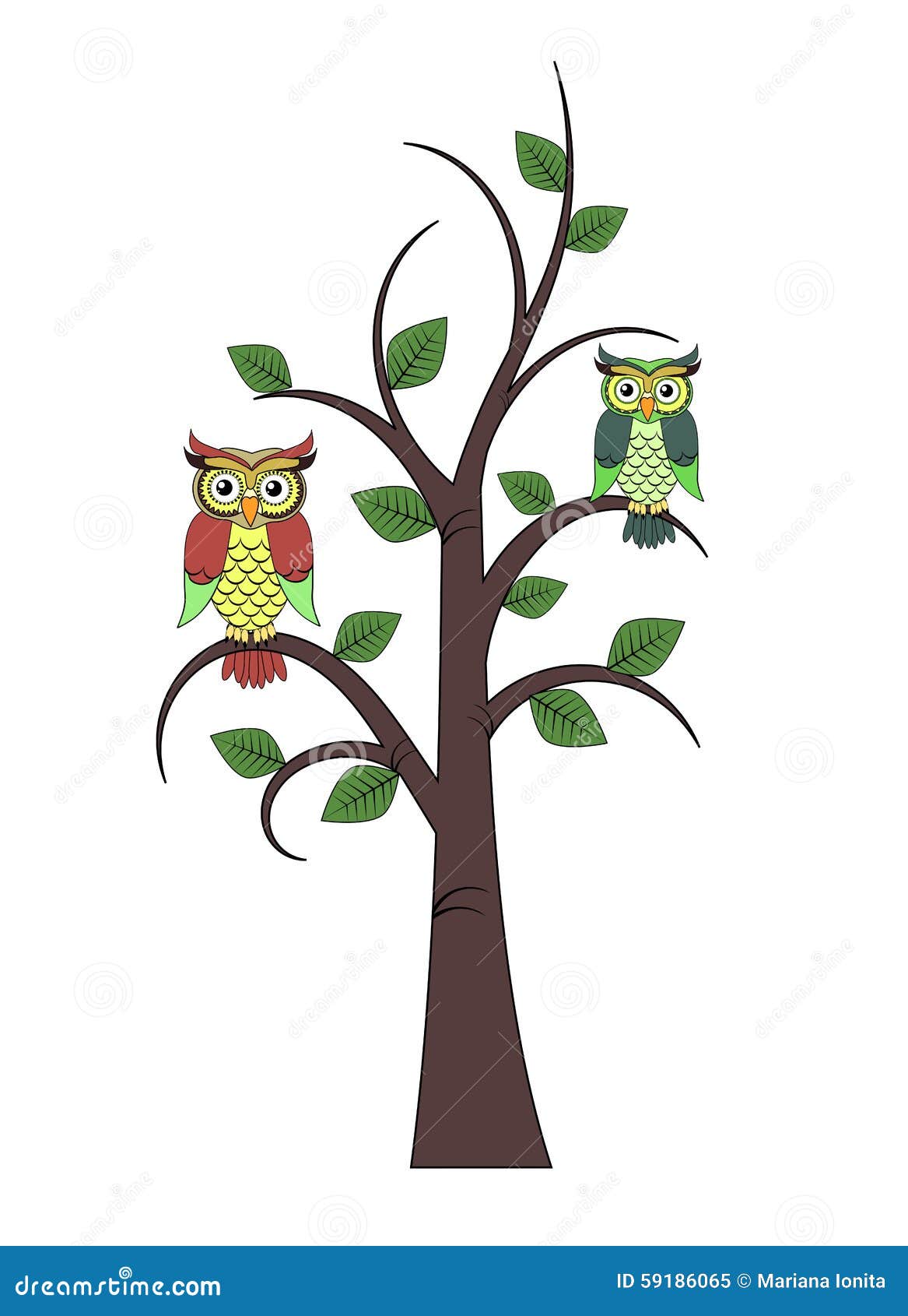 Tree with owls stock illustration. Illustration of owls - 59186065