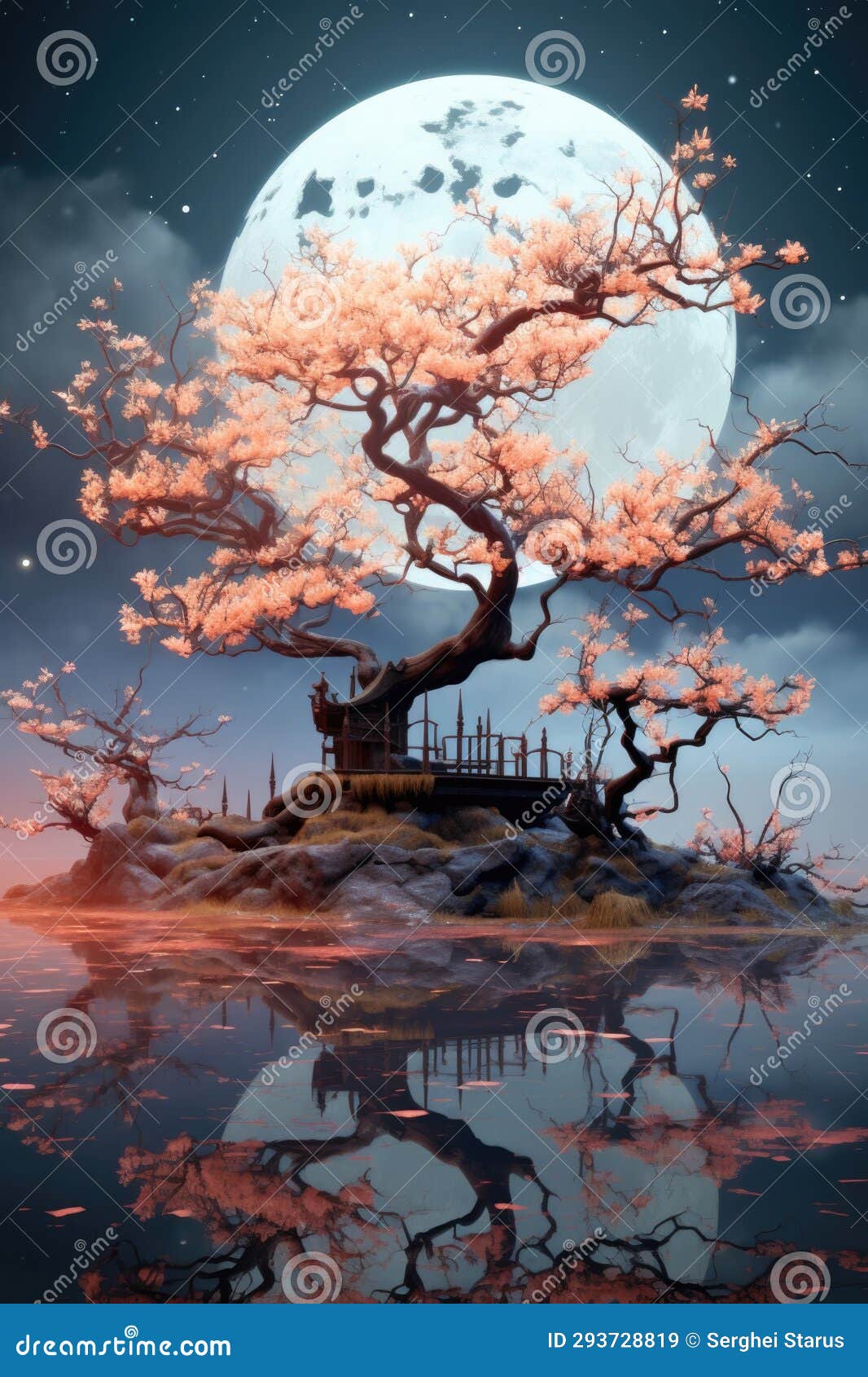 A Tree with Pink Blossoms and a Full Moon in the Sky, AI Stock Image ...