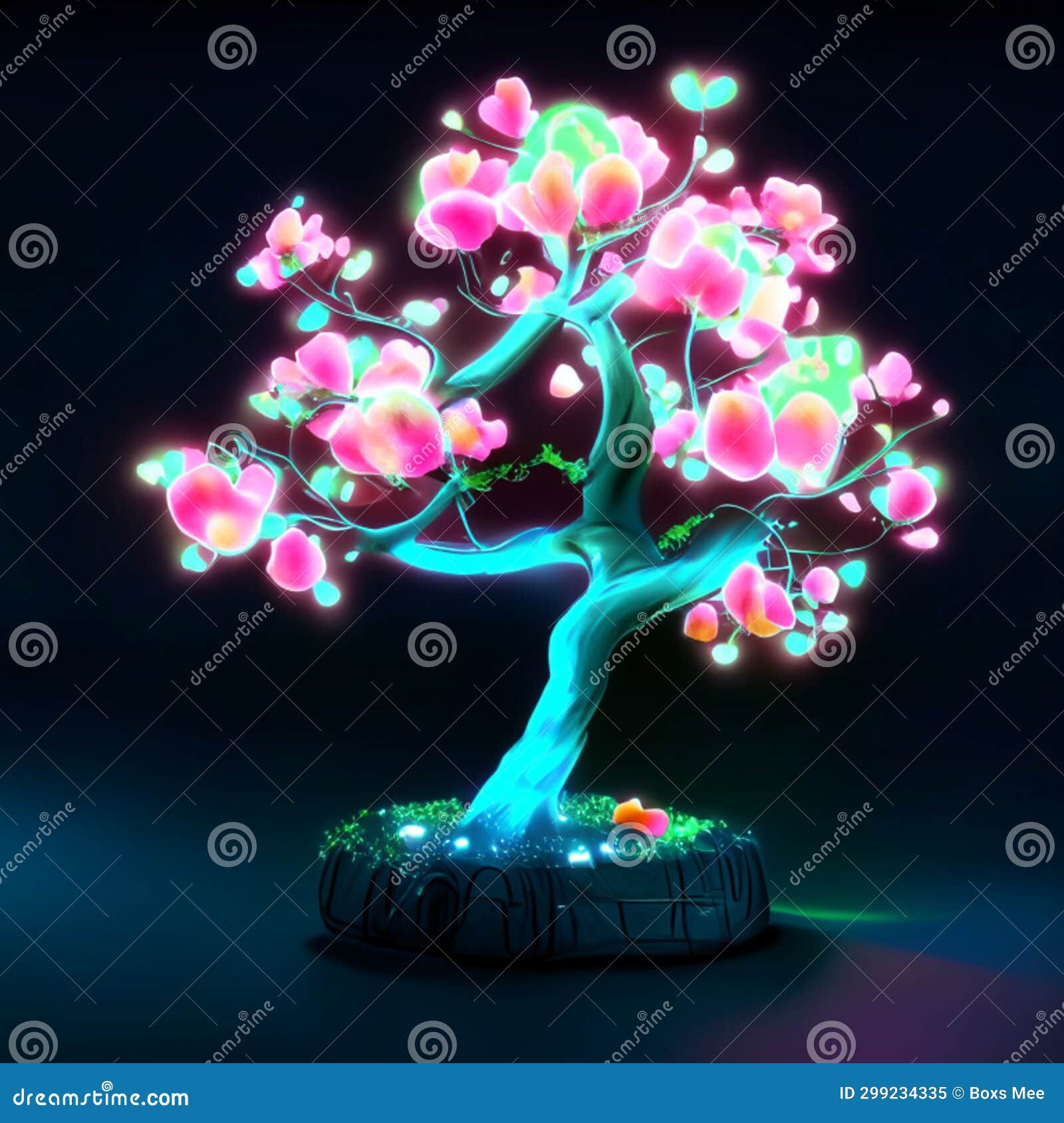 Tree with Pink Blossoms in Neon Light. 3D Rendering Stock Illustration ...
