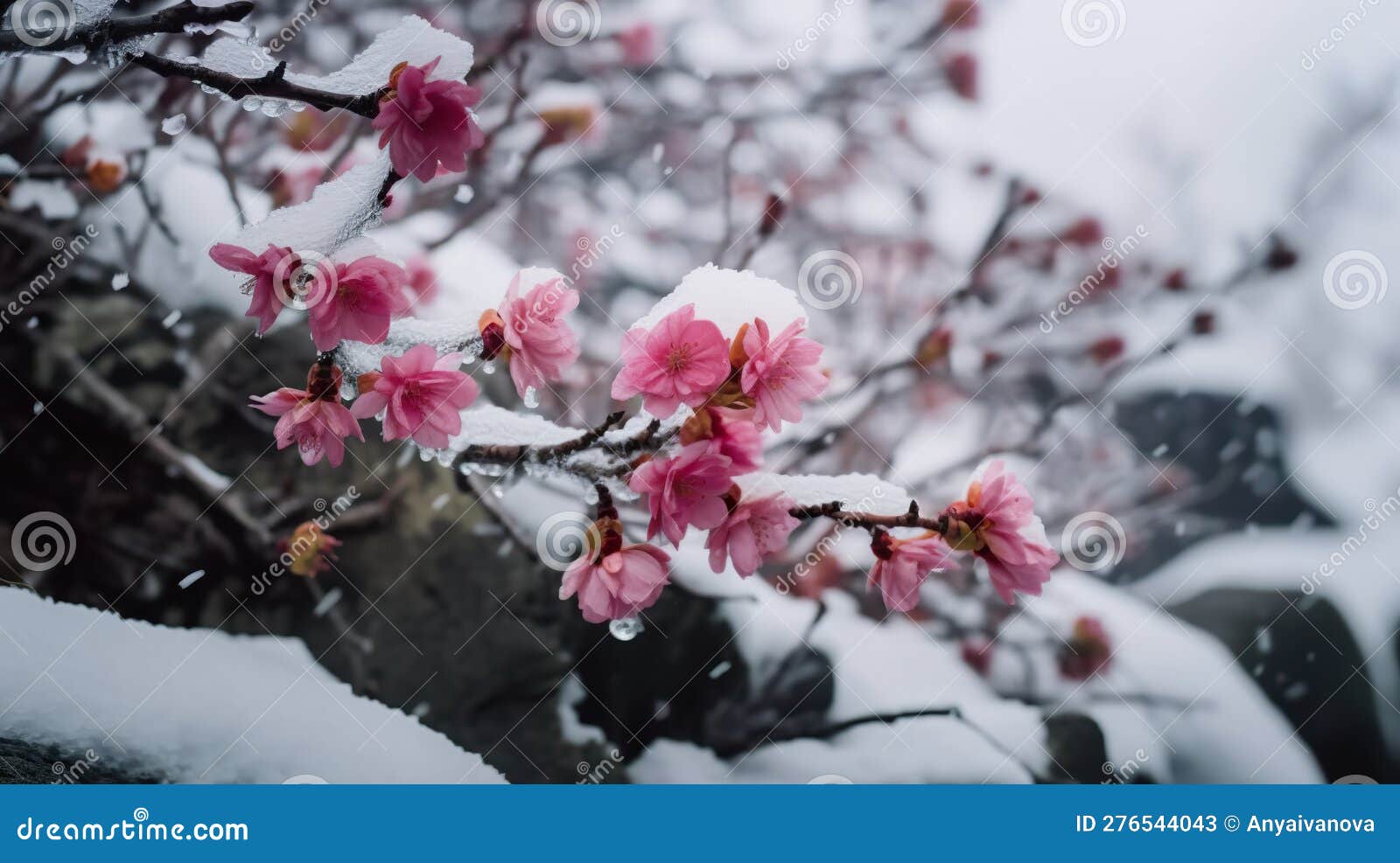 A Tree with Pink Flowers Covered in Snow. AI Generative Image. Stock ...