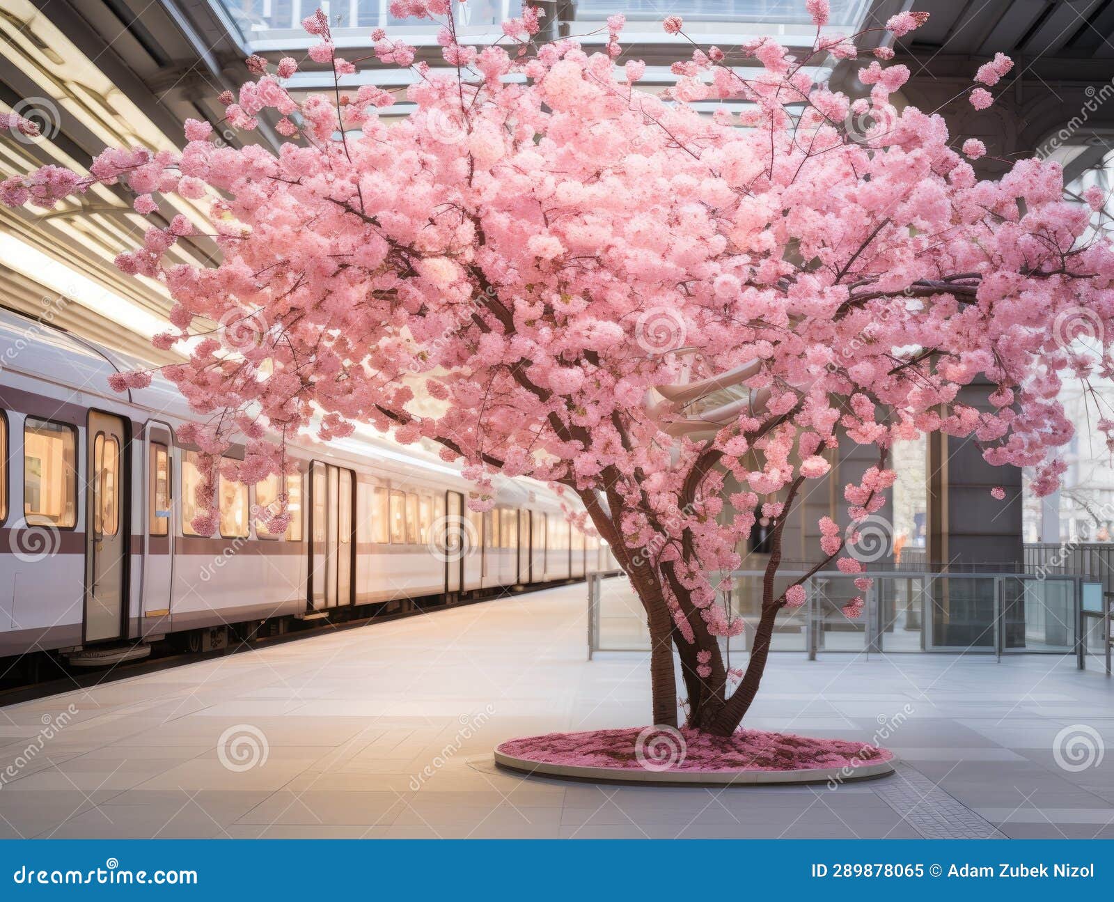 A Tree with Pink Flowers in a Train Station Stock Illustration ...