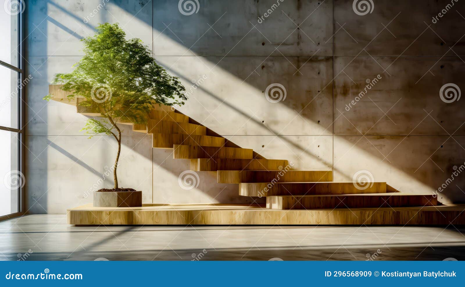 Tree in Planter Sitting on Set of Stairs Next To Concrete Wall ...