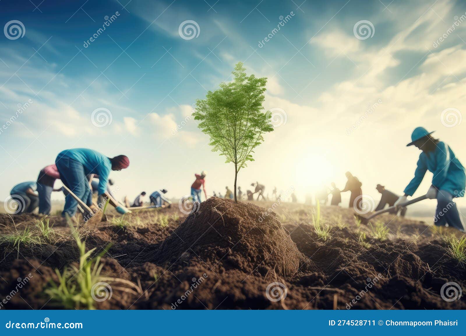 Tree Planting and Earth with Volunteering Hands on Blur Blue Sky and ...