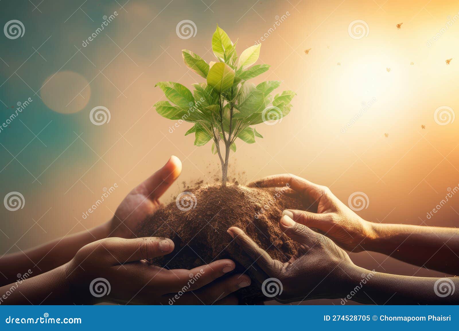 Tree Planting and Earth with Volunteering Hands on Blur Blue Sky and ...