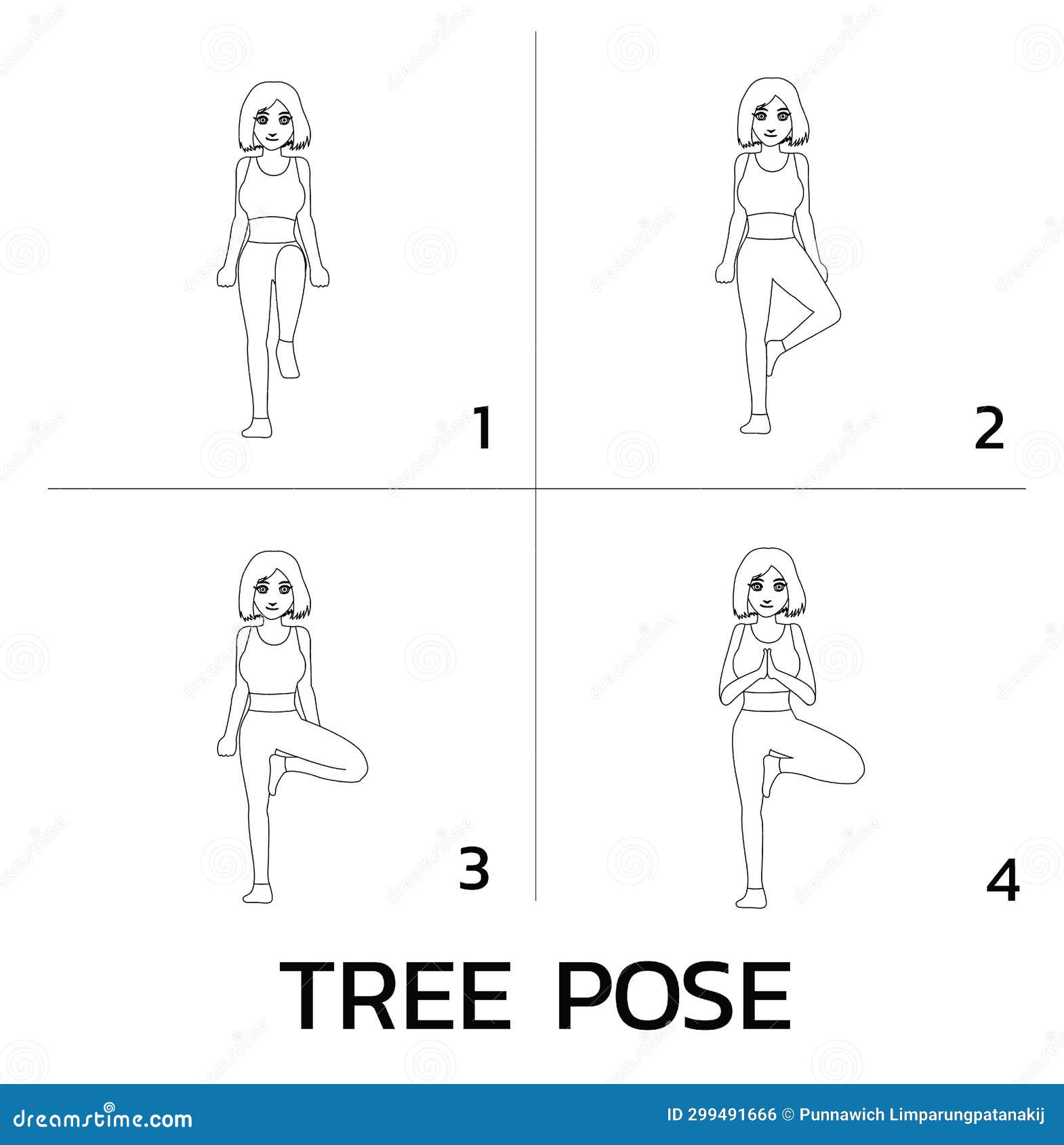 Tree Pose Yoga Manga Tutorial How Cartoon Vector Illustration Black and ...