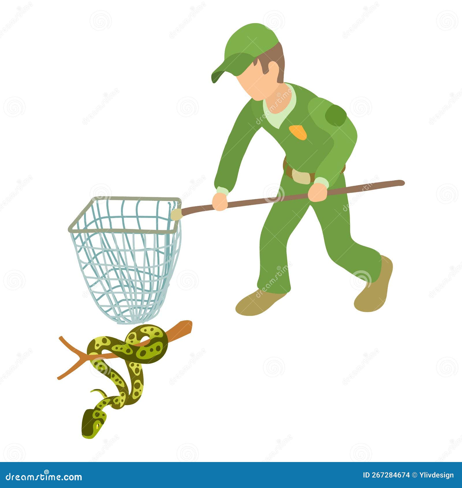 Tree Python Icon Isometric Vector Man In Uniform With Landing Net Near Python Stock Vector