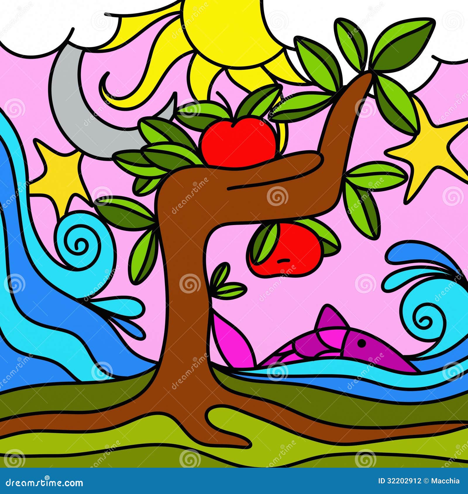 Tree with red apples stock illustration. Illustration of waterfall ...