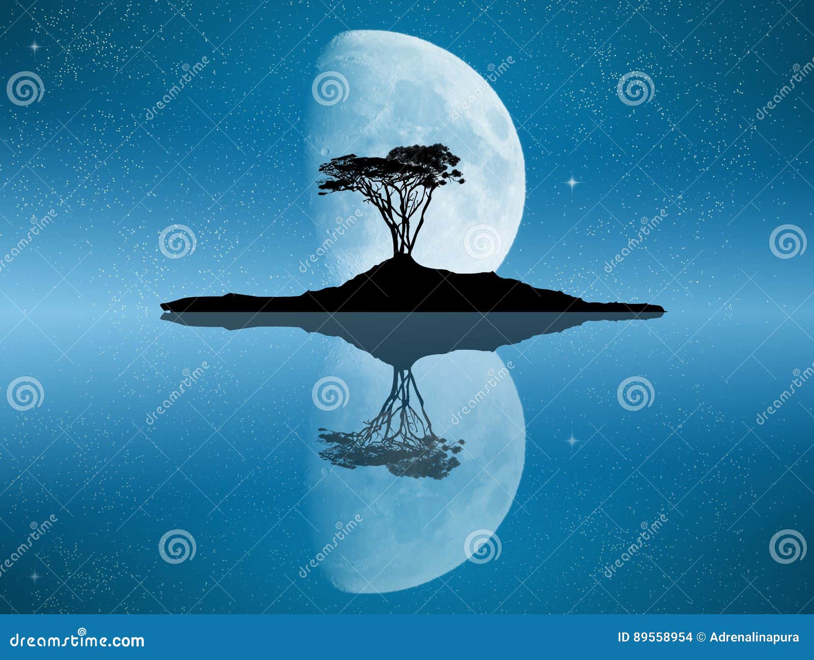 Tree Reflected in the Moonlight Stock Illustration - Illustration of ...