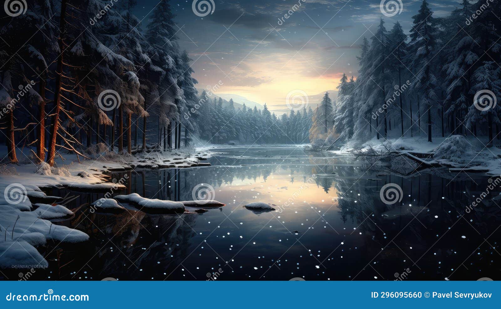 Tree Reflection Evening Snow Landscape Stock Photo - Image of snow ...