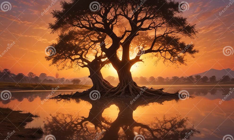 Tree with Reflection in the Water Stock Illustration - Illustration of ...