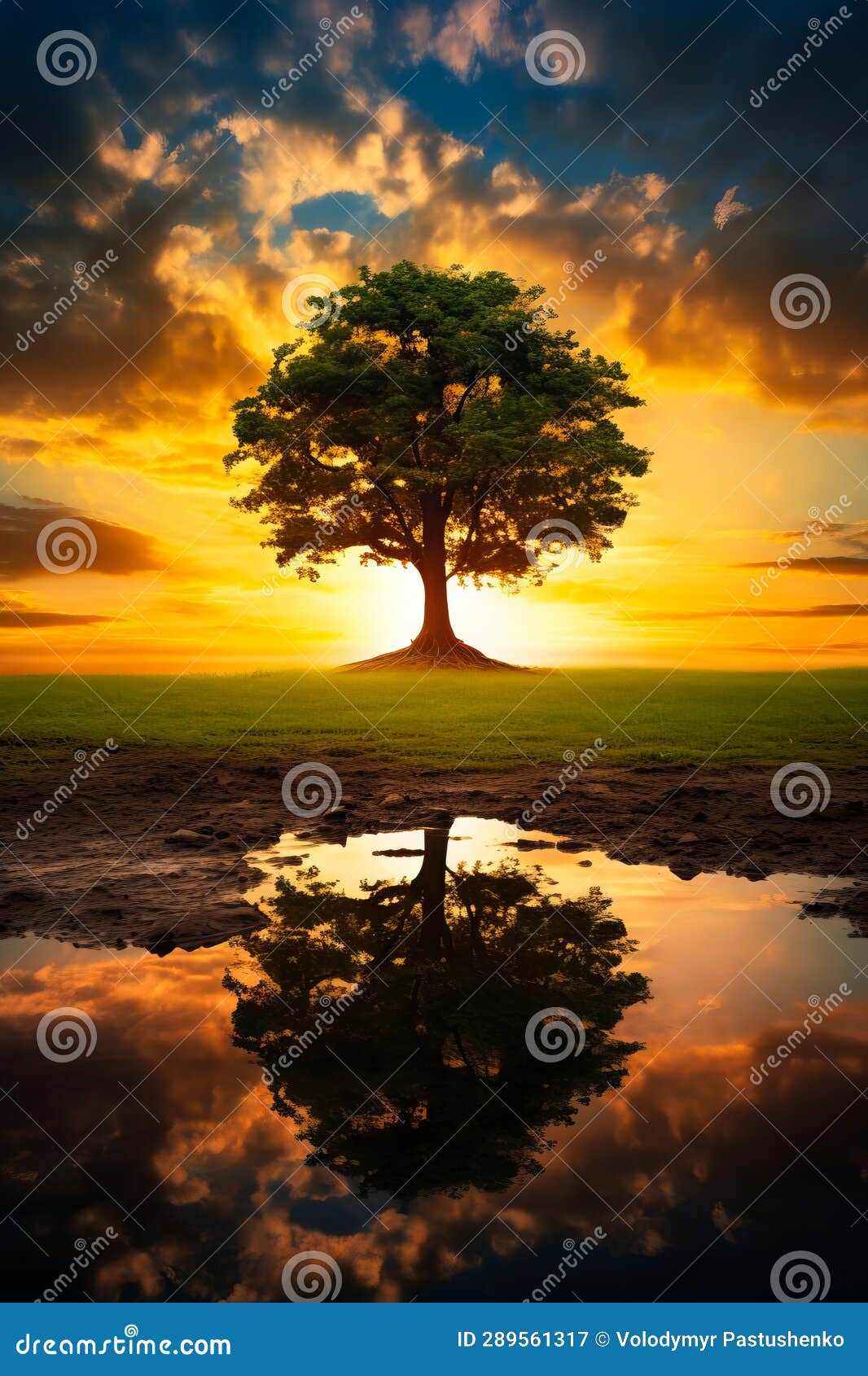 Tree with Reflection in the Water at Sunset or Dawn. Generative AI ...