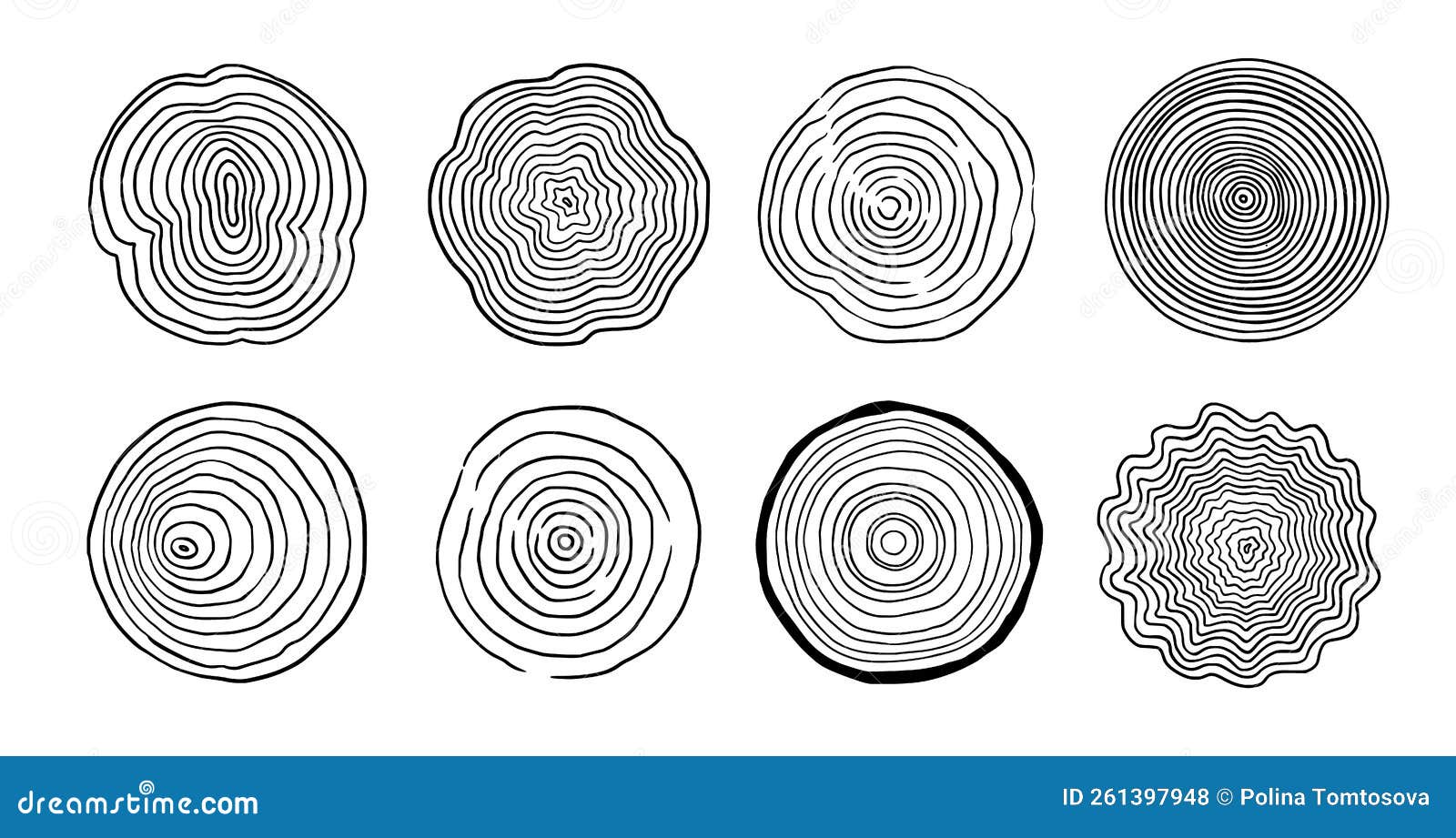 Tree Ring Wood Circle Set. Hand Drawn Tree Ring Pattern, Line Ripple ...