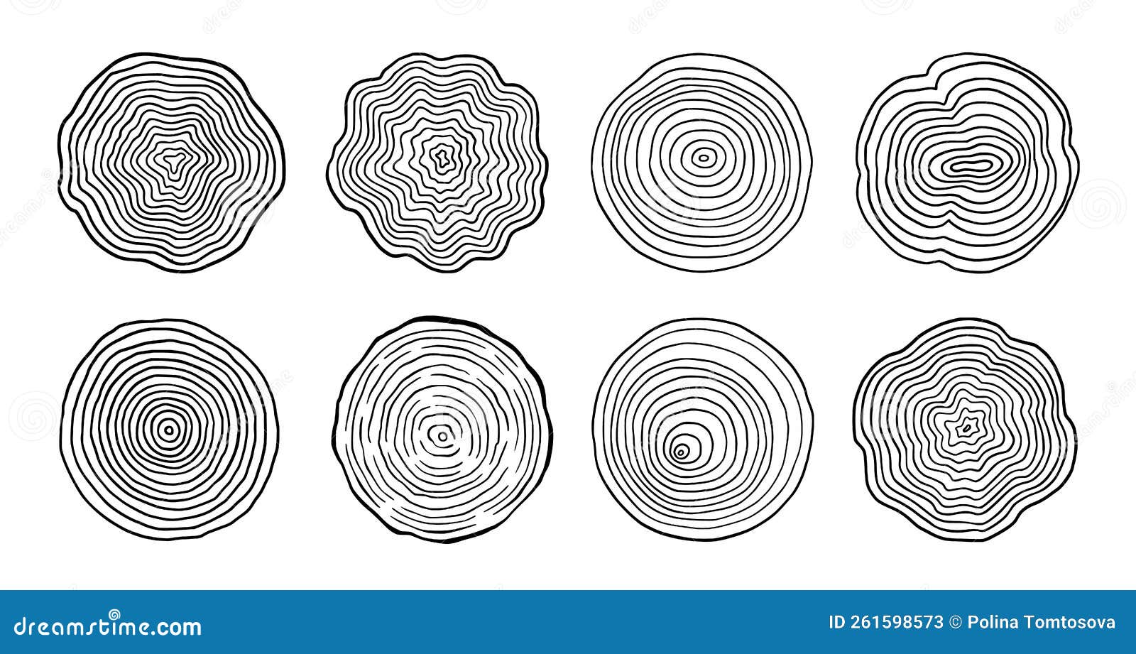 Tree Ring Wood Circle Set. Hand Drawn Tree Ring Pattern, Line Ripple ...