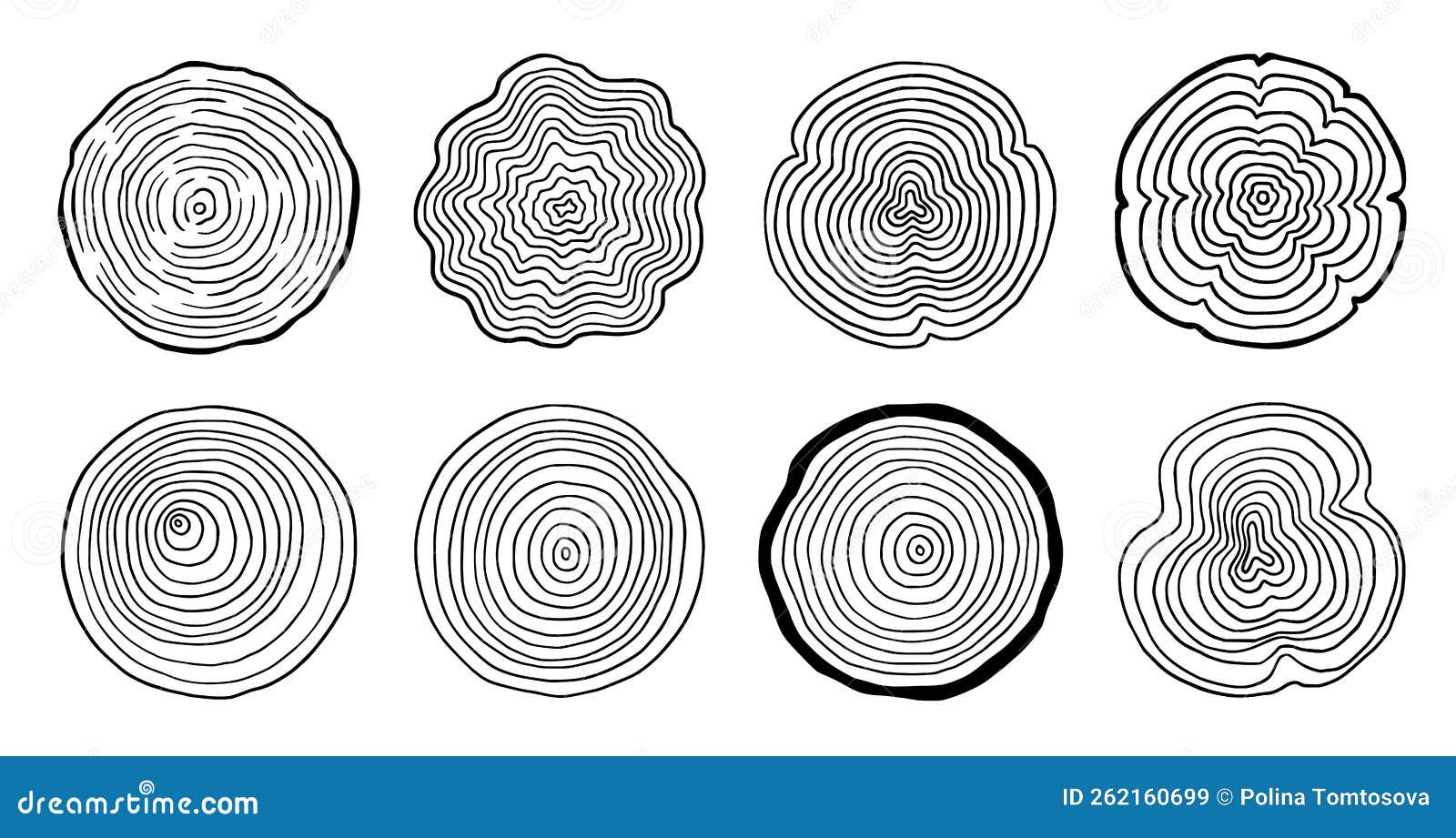 Tree Ring Wood Circle Set. Hand Drawn Tree Ring Pattern, Line Ripple ...