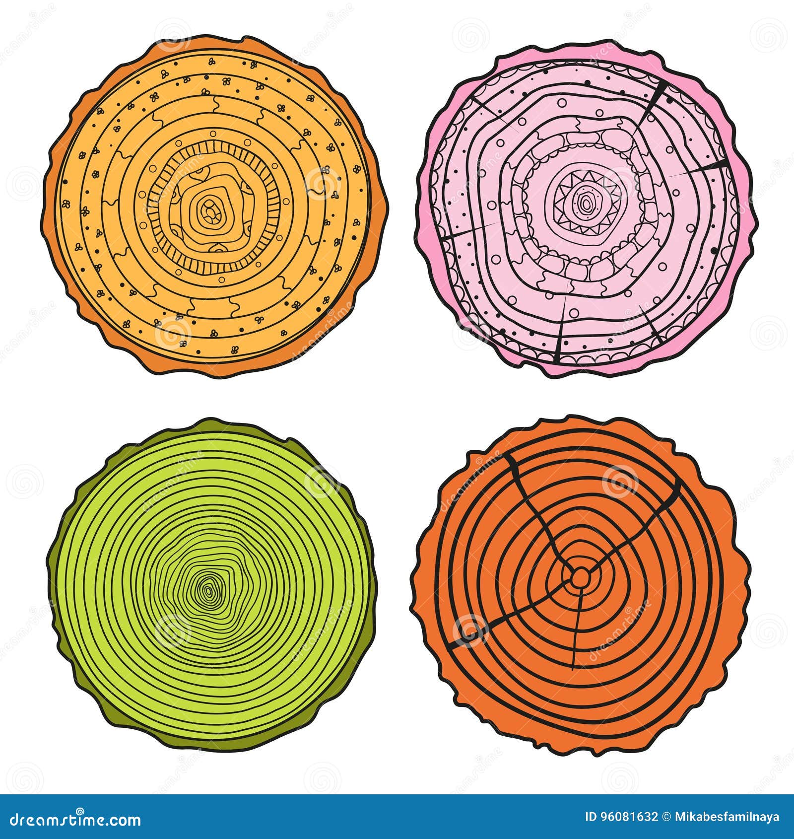 Tree Rings. Set of Cross Section Stock Vector - Illustration of growth ...