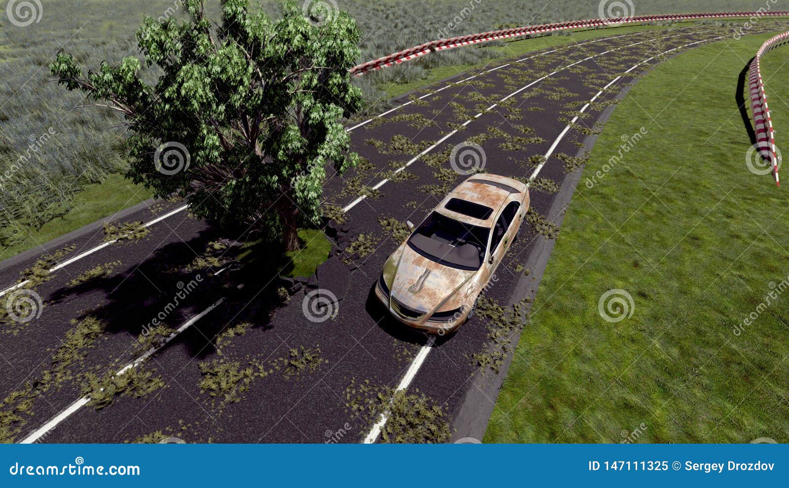 Tree on the Road and Old Car Stock Illustration - Illustration of ...