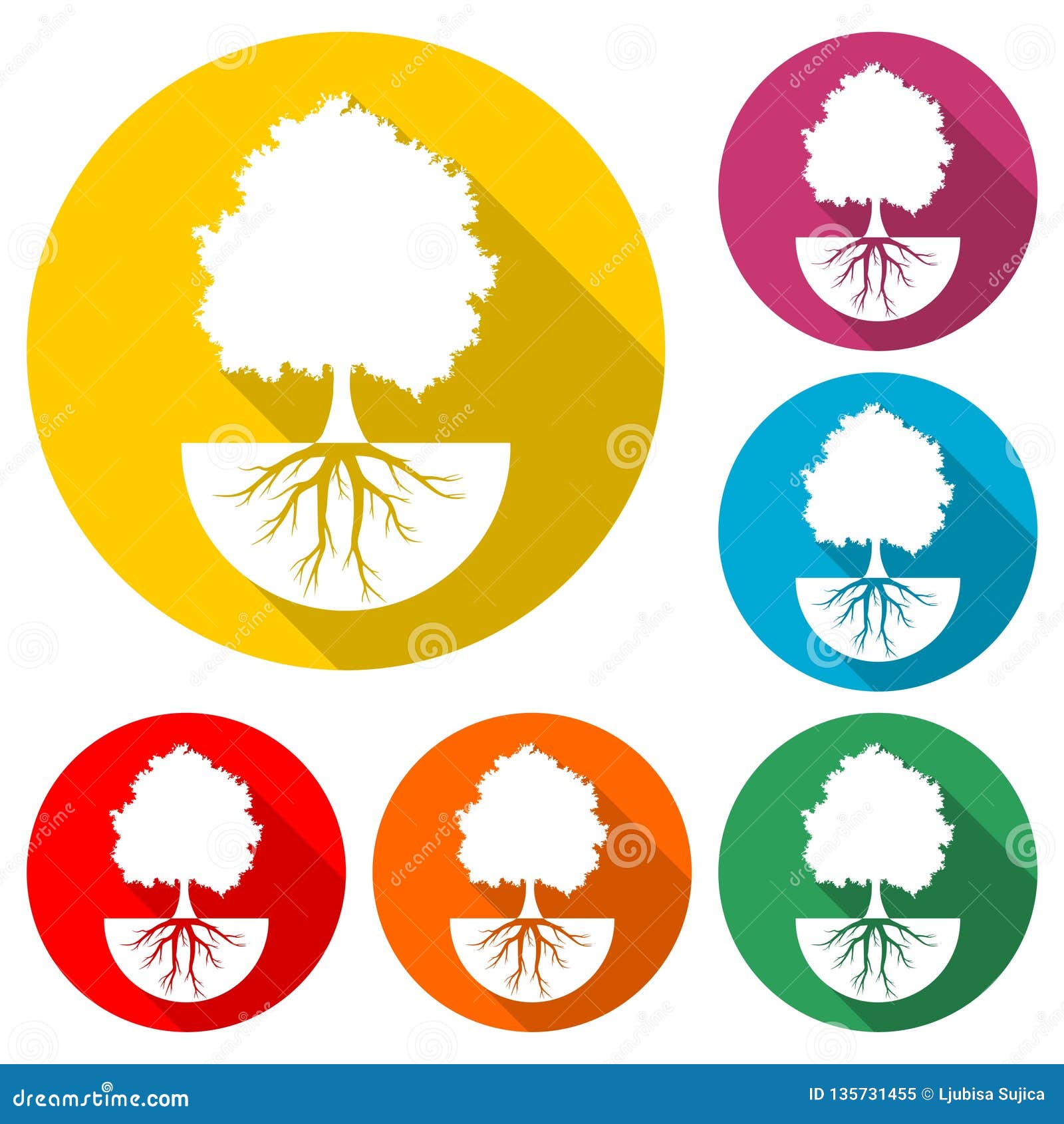 Tree and Root Logo, Tree and Root Icon, Color Set with Long Shadow ...