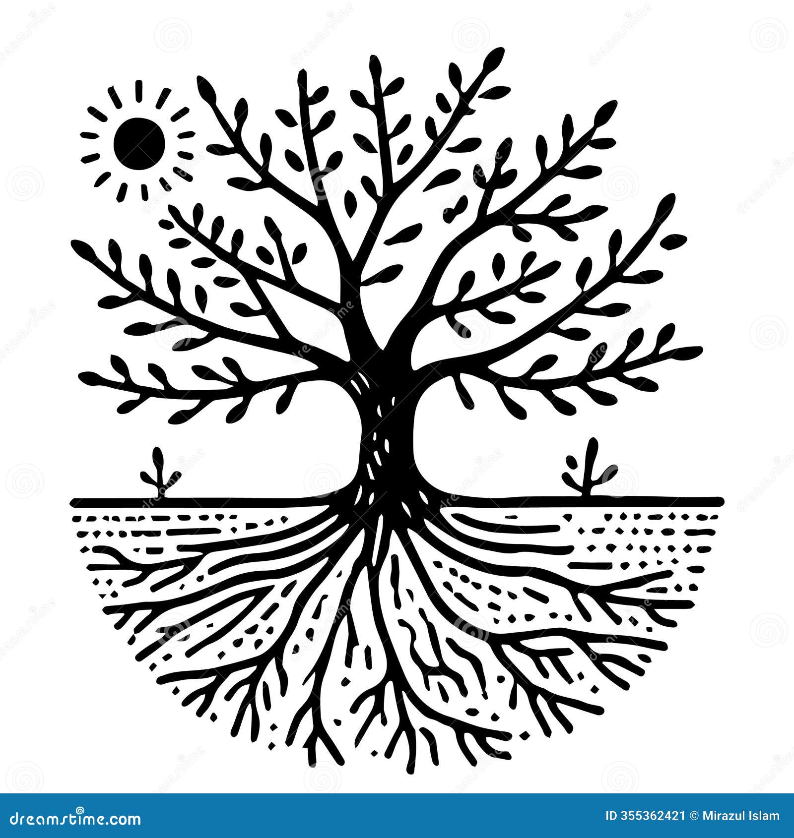 Simple Hand Drawn Tree with Roots Flat Vector Illustration Linocut ...