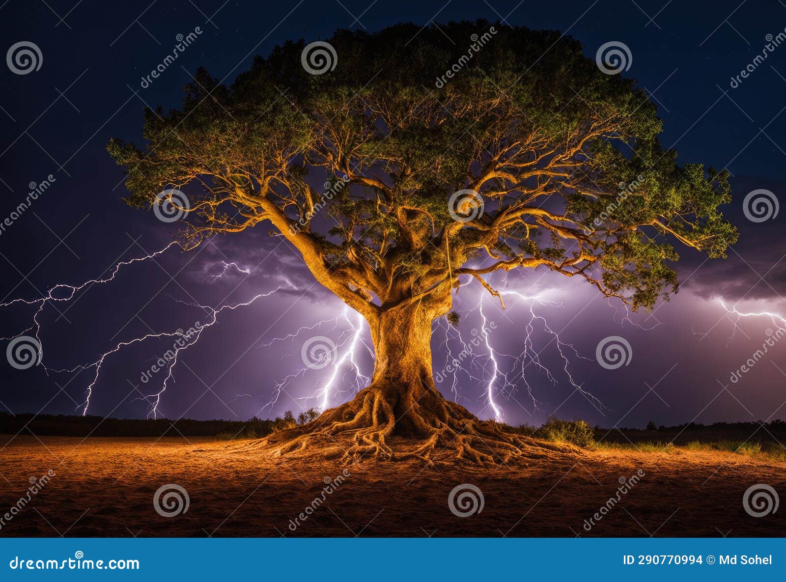 A Tree with Roots that Become Lightning Bolts. Stock Illustration ...