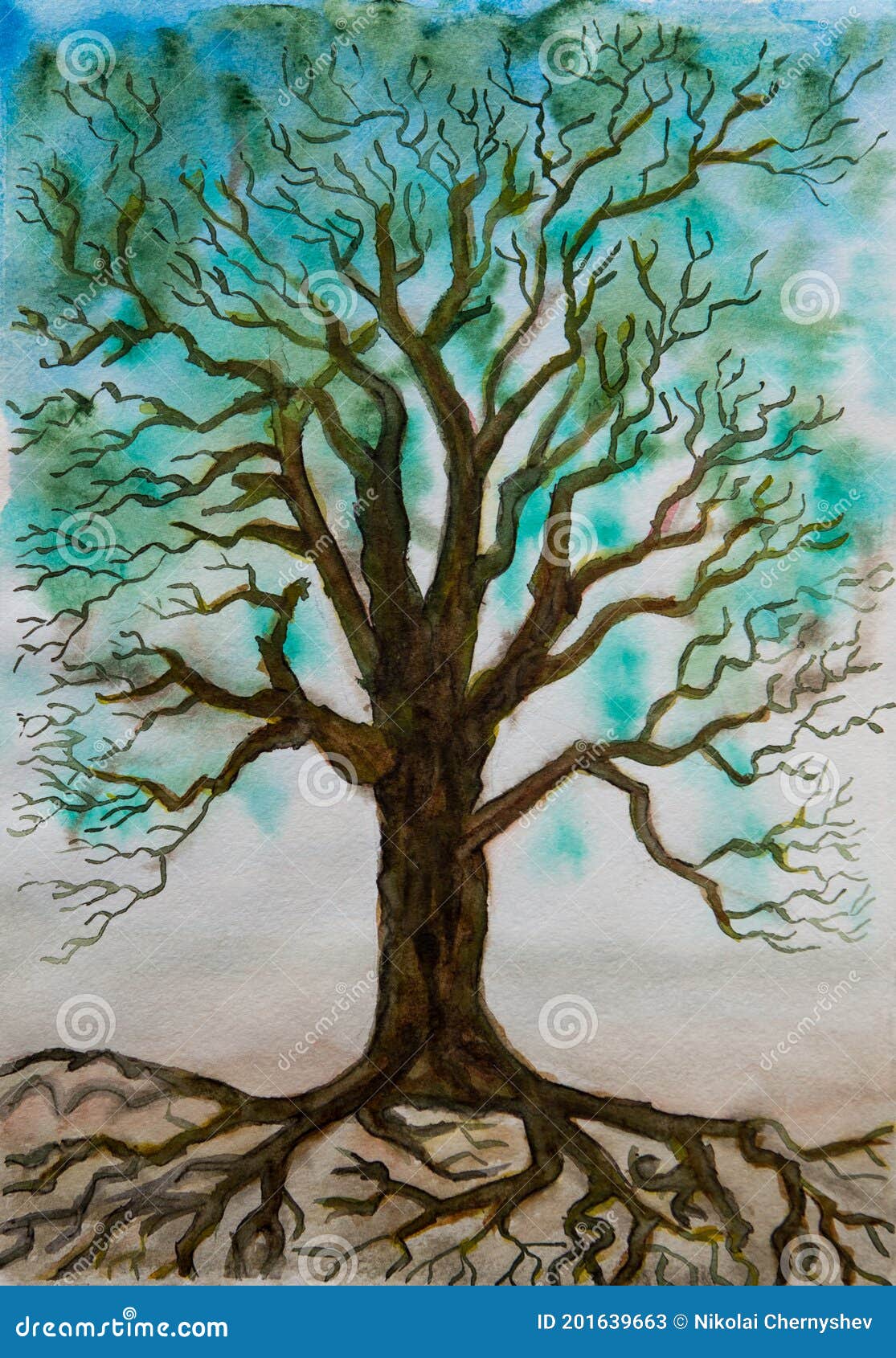 Tree with Roots and Branches Painted in Watercolor Stock Image - Image ...