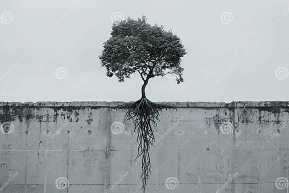Tree with Roots Breaking through Concrete Wall Towards the Sky Stock ...
