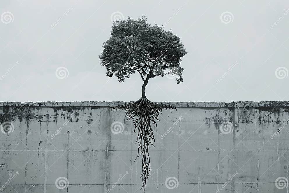 Tree with Roots Breaking through Concrete Wall Towards the Sky Stock ...