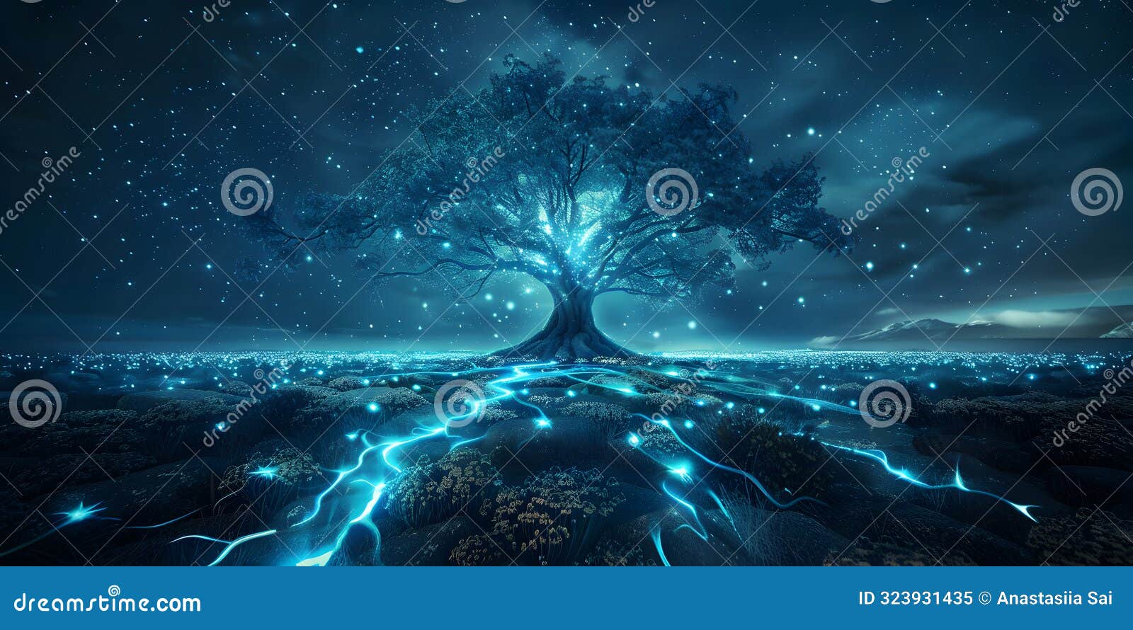 Tree with Roots on a Dark Background Stock Image - Image of night ...
