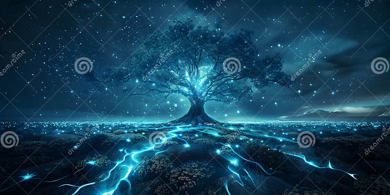 Tree with Roots on a Dark Background Stock Image - Image of night ...