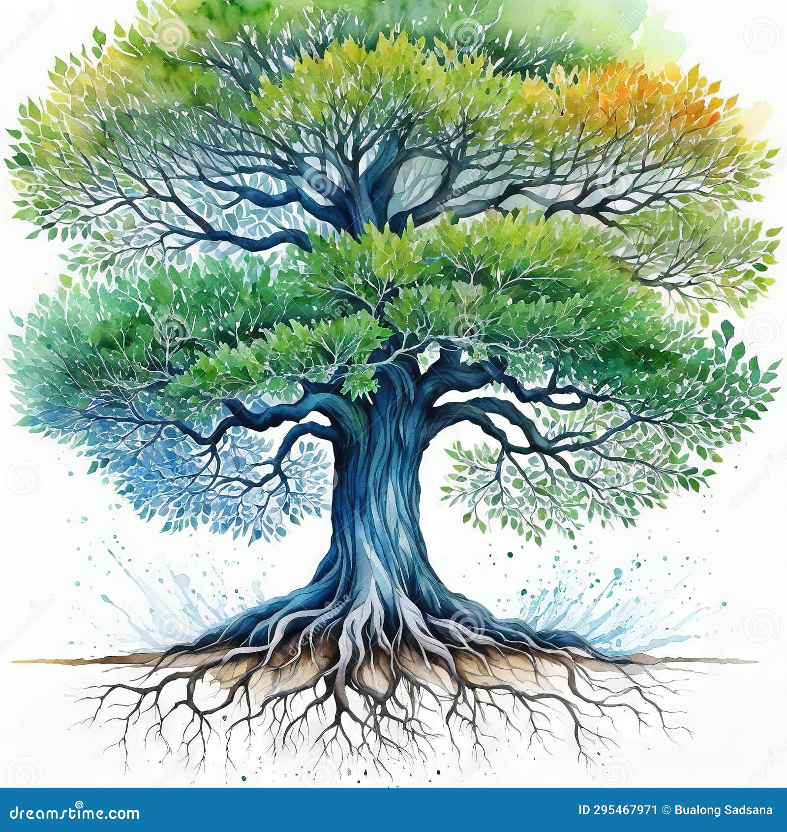 A Tree with Roots is Drawn with Watercolors Isolated on a White ...