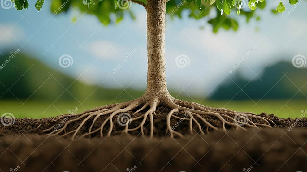 A Tree with Roots Growing Out of the Ground, AI Stock Image - Image of ...