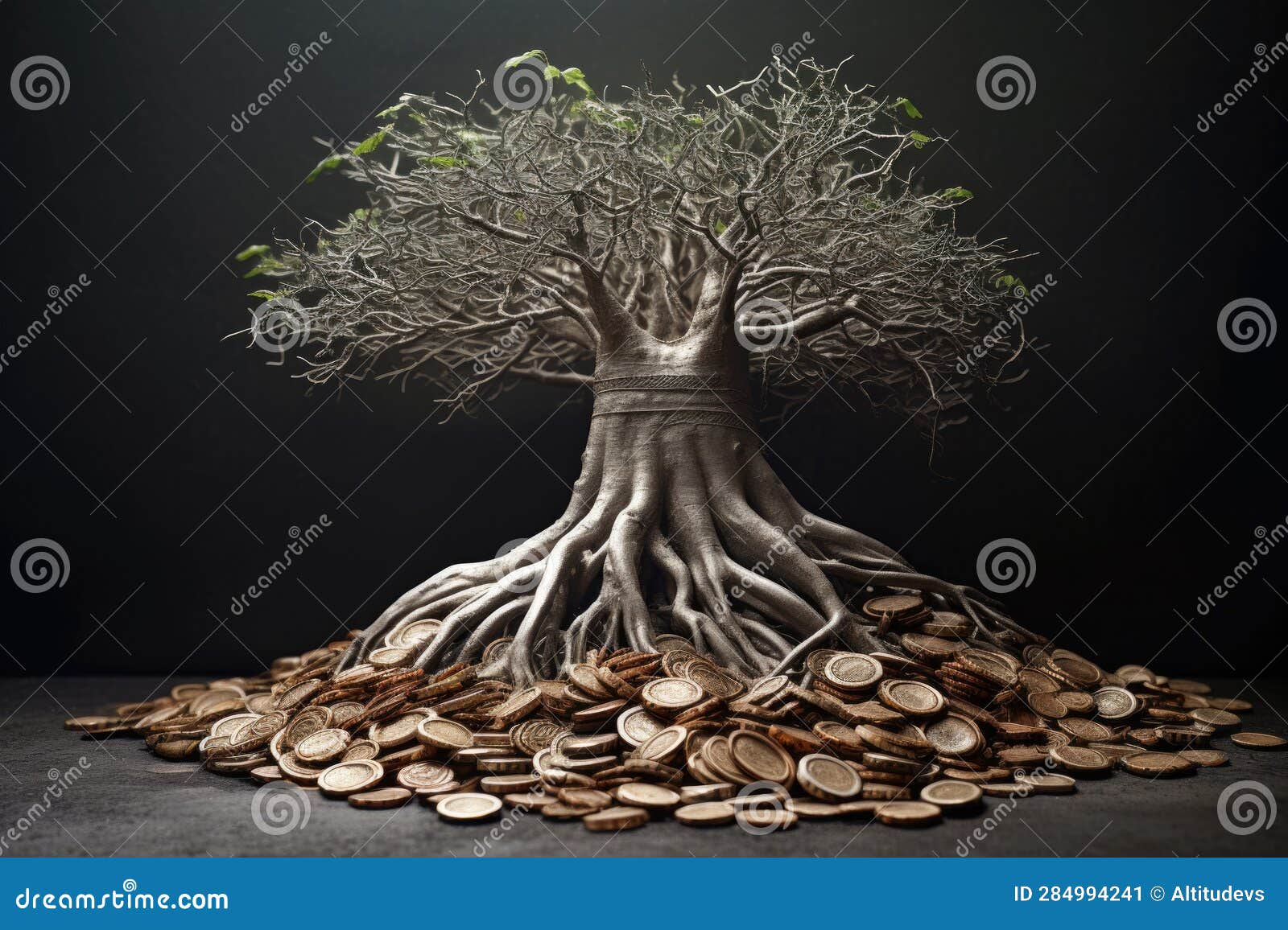 Tree Roots Growing into a Pile of Coins Stock Illustration ...