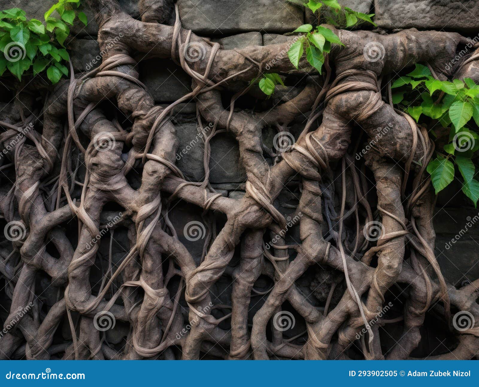 A Tree Roots Growing on a Stone Wall Stock Illustration - Illustration ...