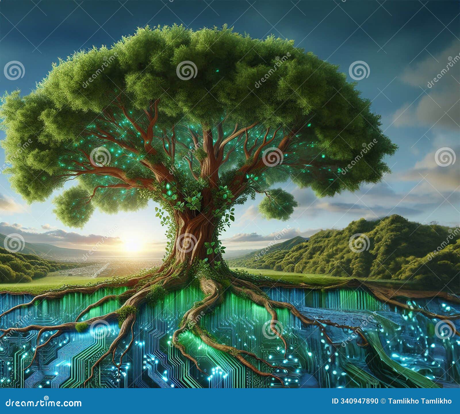 Generated Image a Tree with Roots Intertwined with Digital Circuits ...