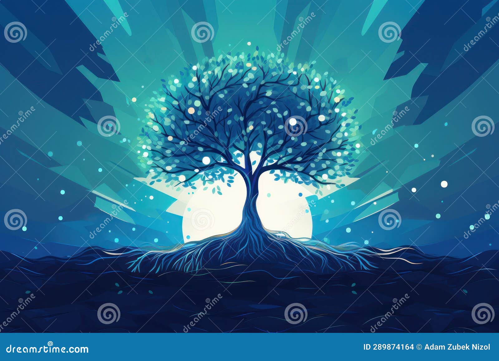 A Tree with Roots and a Moon Stock Illustration - Illustration of ...