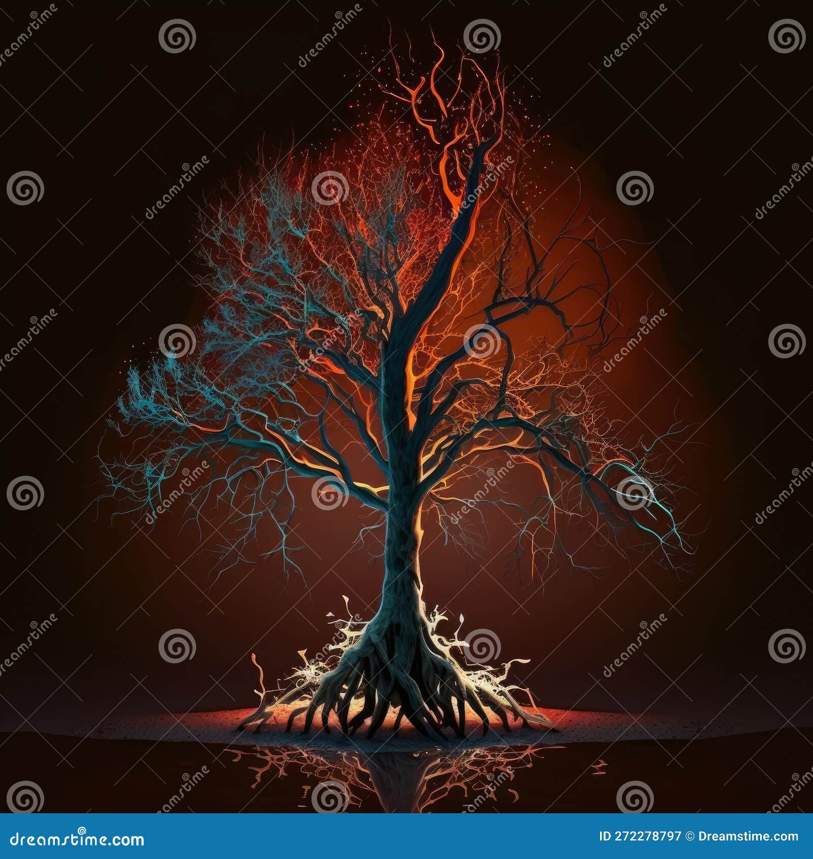 A Tree with the Roots on it is in Red and Blue. Generative AI Stock ...