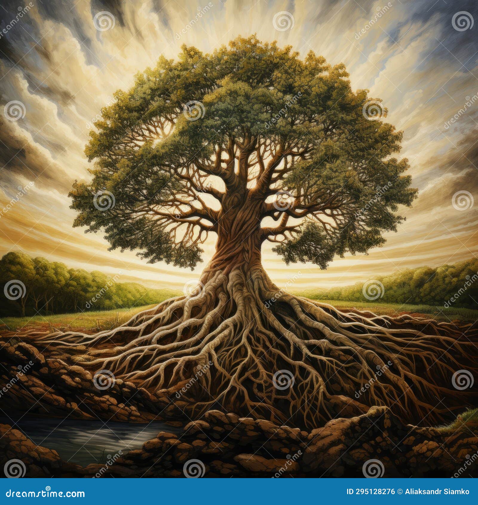 A Tree with Roots and River Stock Illustration - Illustration of growth ...