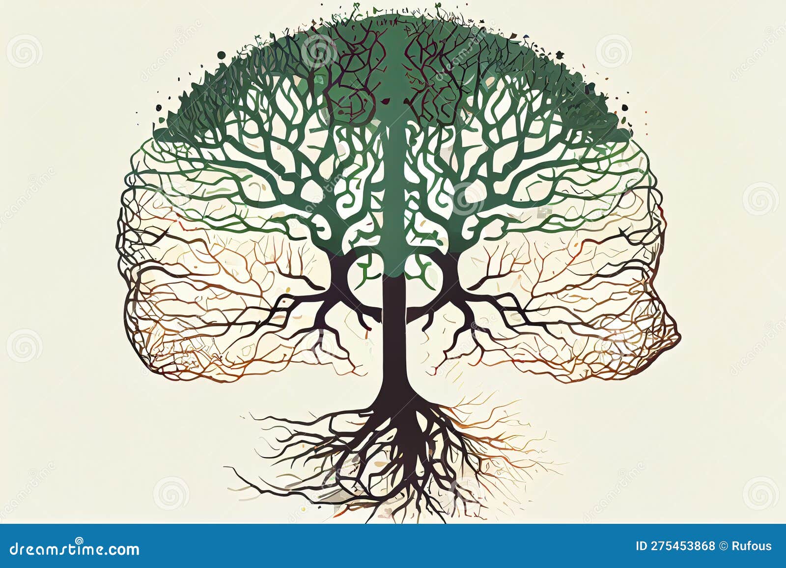 A Tree with Roots in the Shape of a Brain, Flat Design, Symmetry Stock ...