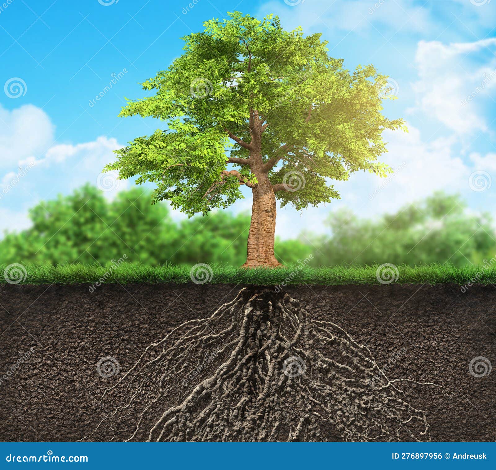 Tree with Roots in Soil, Soil Cross, 3D Illustration Stock Illustration ...