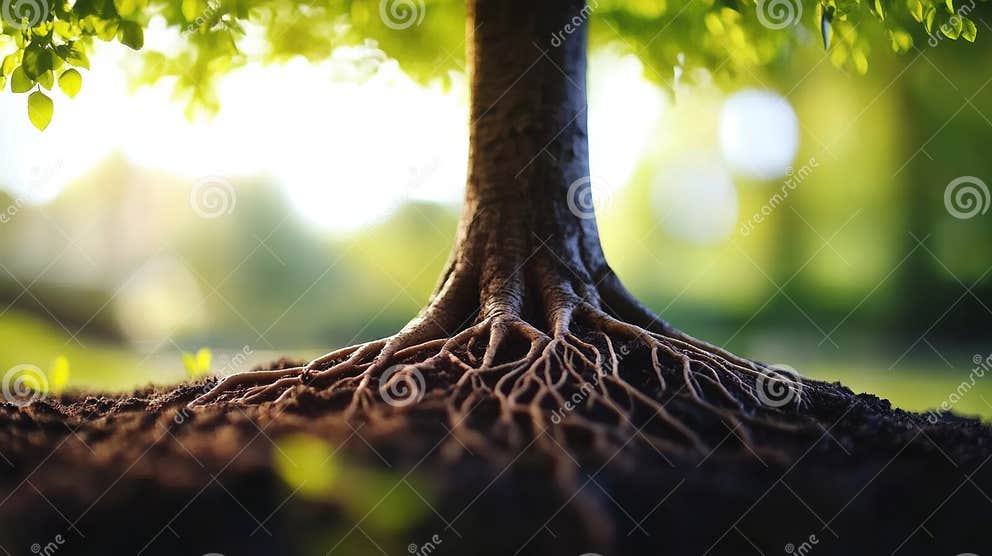Tree Roots Spread Beneath a Vibrant Green Canopy in a Sunlit Forest ...