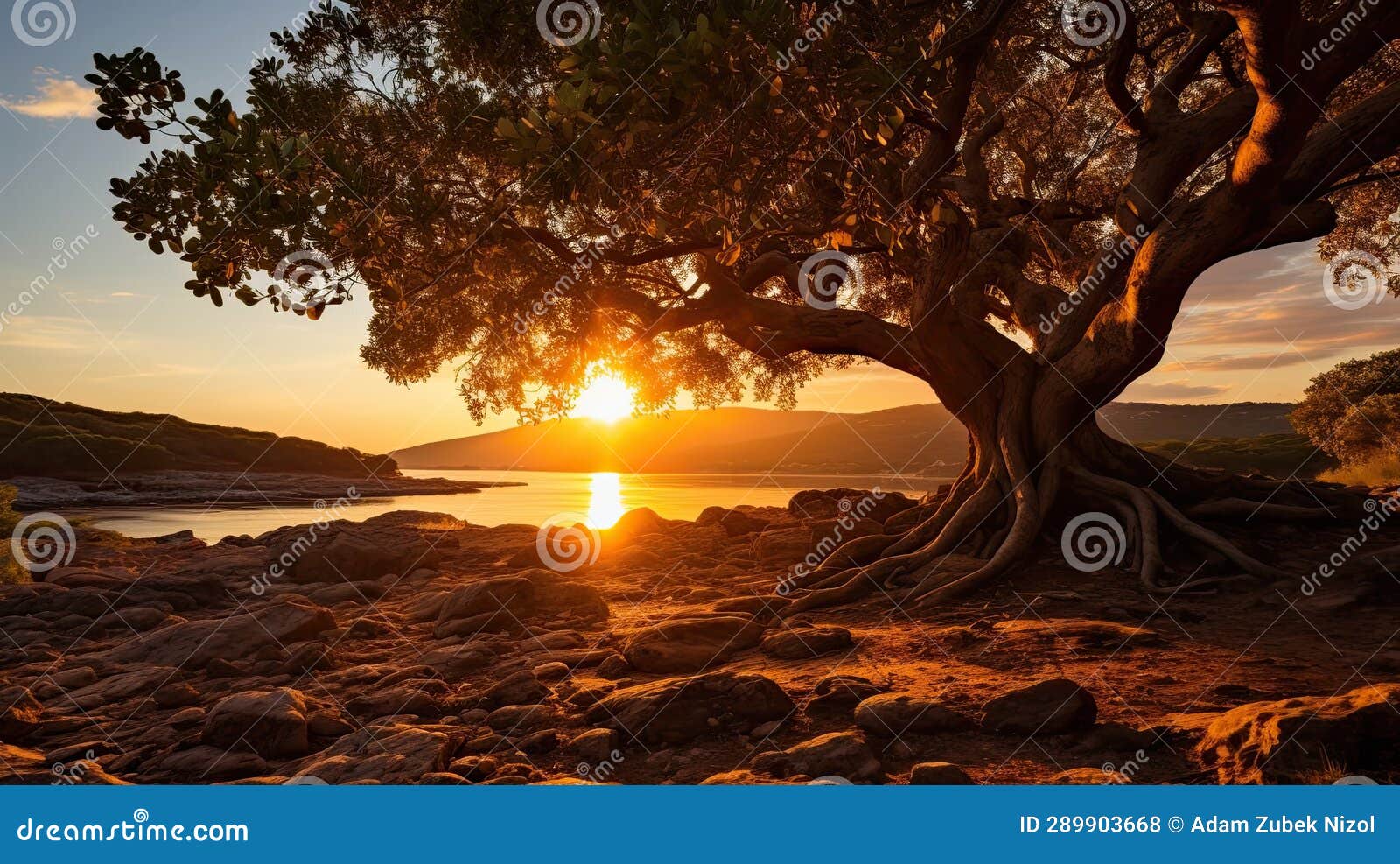 A Tree with Roots and a Sunset Stock Illustration - Illustration of ...