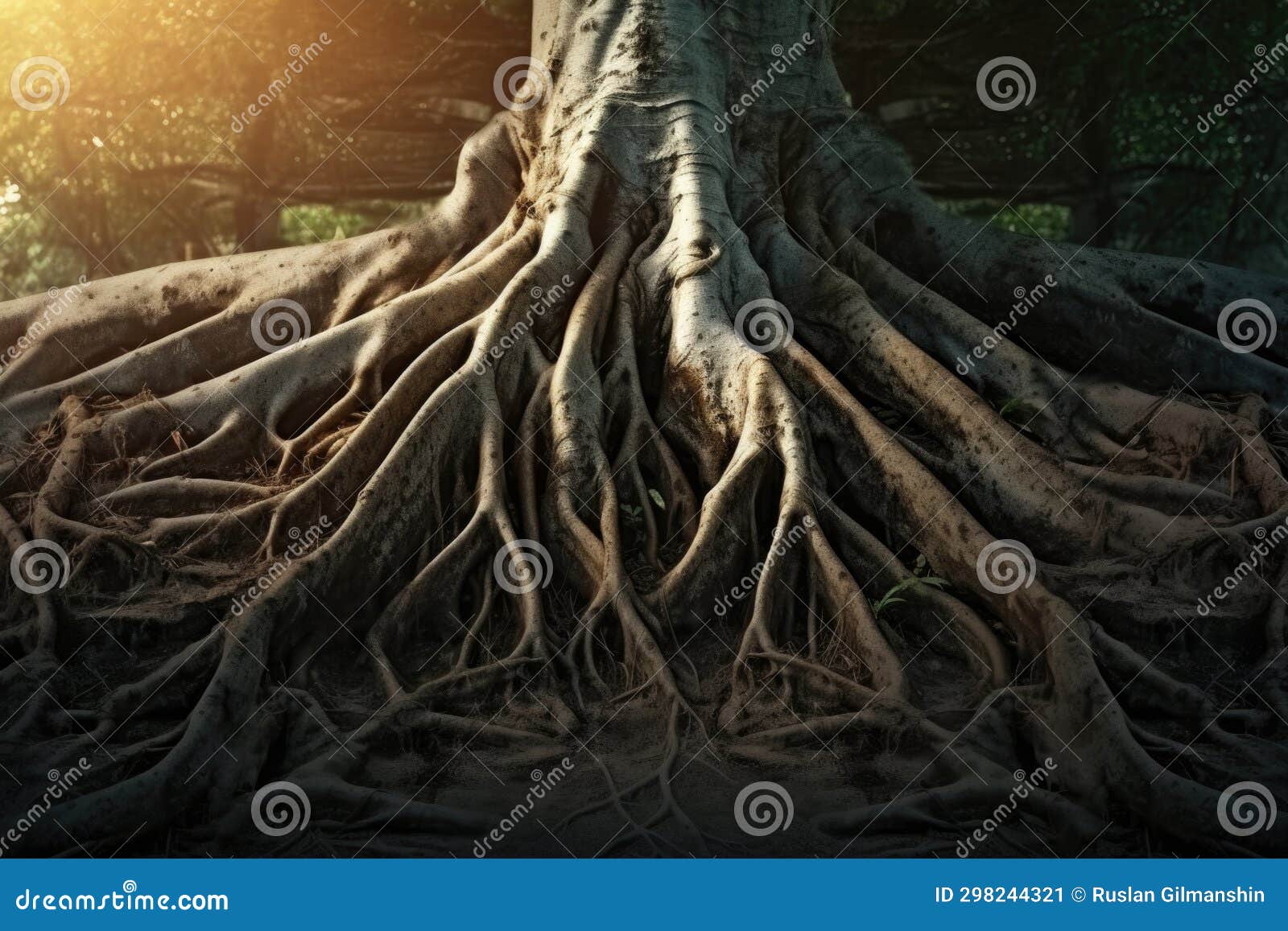 Tree Roots and Sunshine in a Green Forest Stock Image - Image of ...