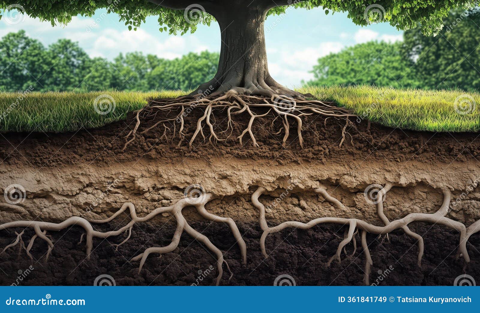 Tree Roots Underground Structure with Soil Layers and Green Foliage ...