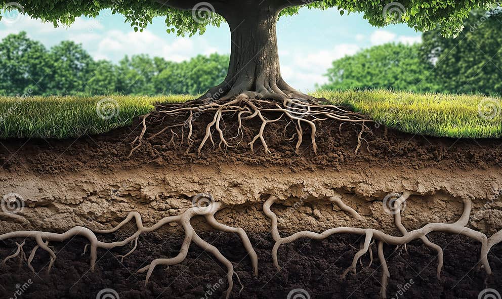 Tree Roots Underground Structure with Soil Layers and Green Foliage ...