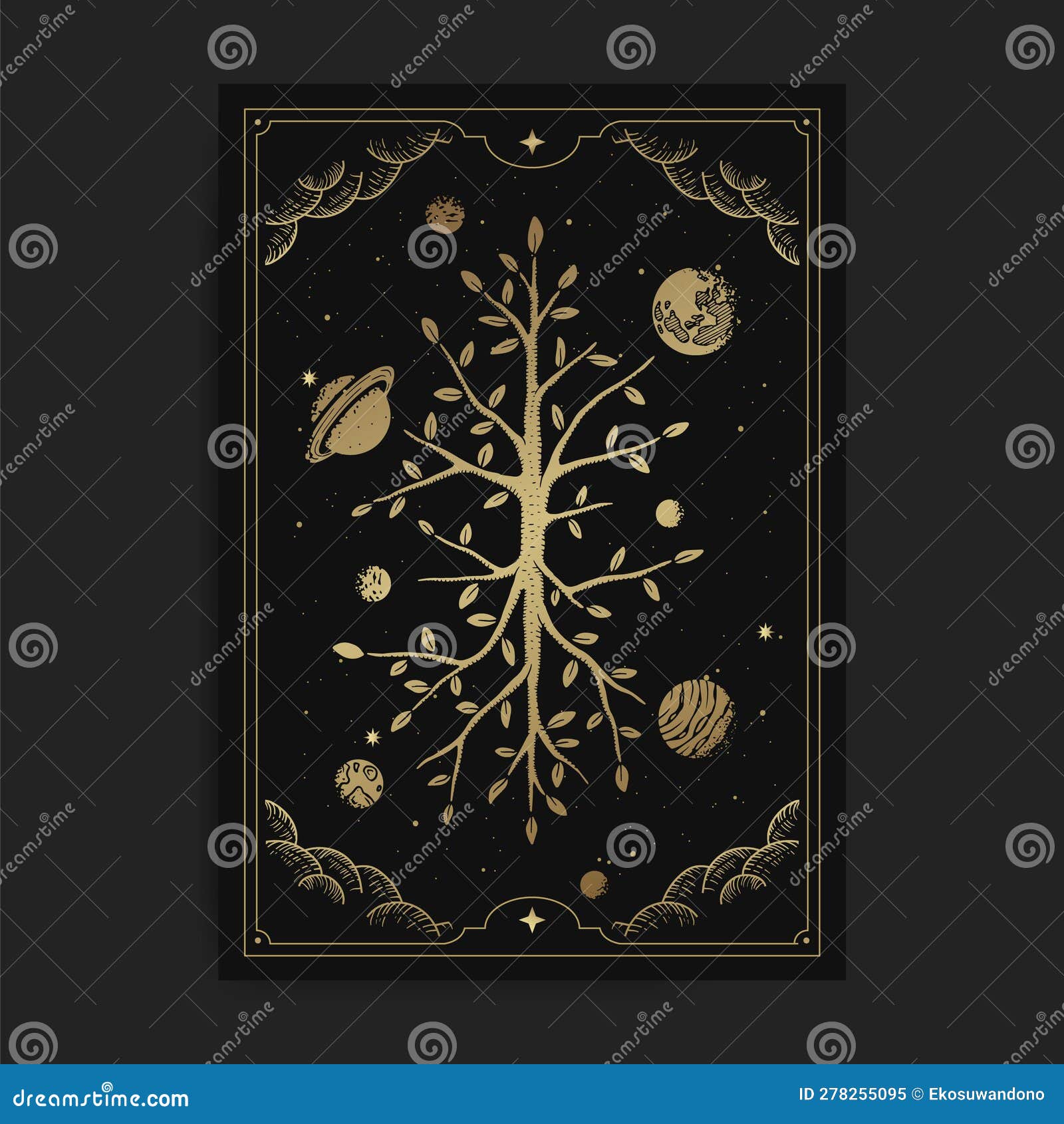 Tree Roots in the Universe with Planet and Star Stock Vector ...