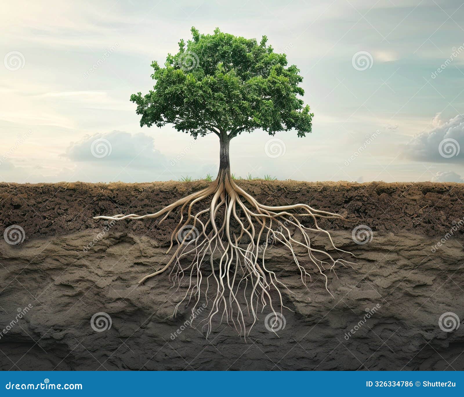 A Tree with Roots Visible Above Ground Symbolizing the Depth and ...
