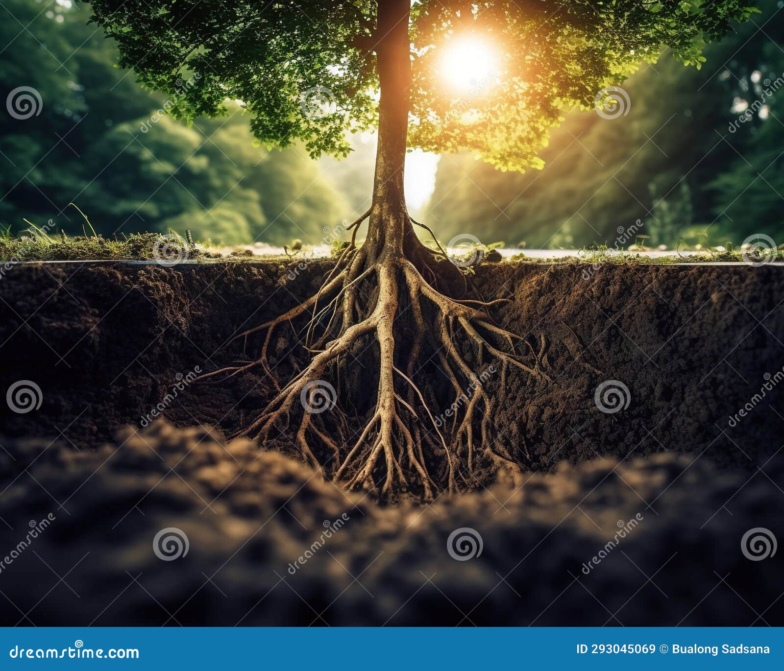 The Tree S Root System Goes Deep into the Ground Soil. Stock ...
