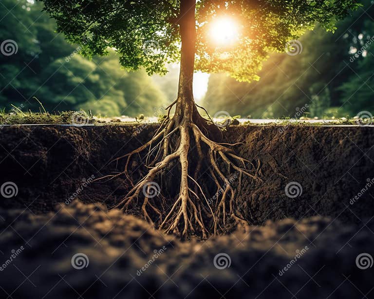 The Tree S Root System Goes Deep into the Ground Soil. Stock ...
