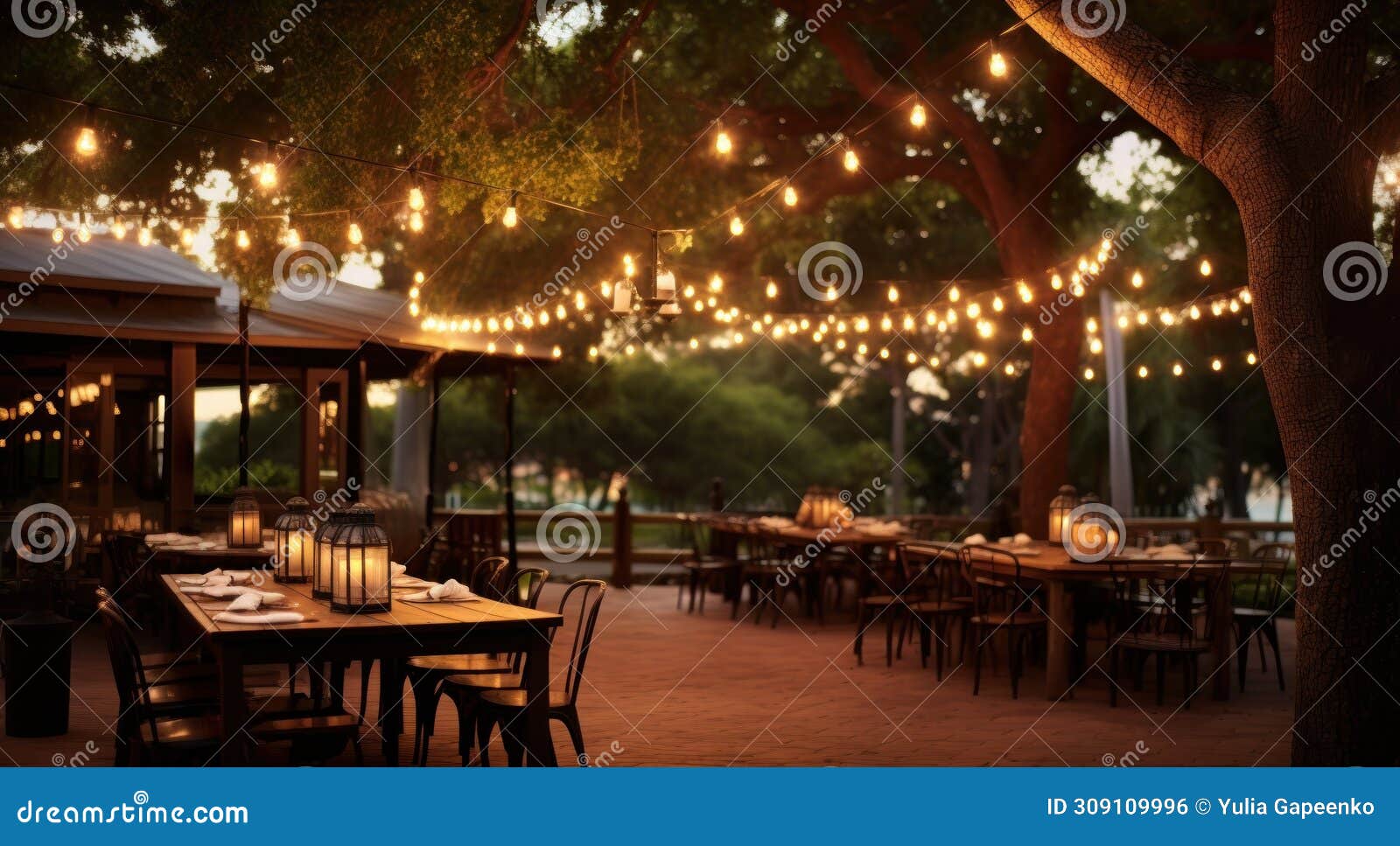 A Tree Shaded Patio or Event Venue with Strings of Lights Hanging between Tables and Chairs ...