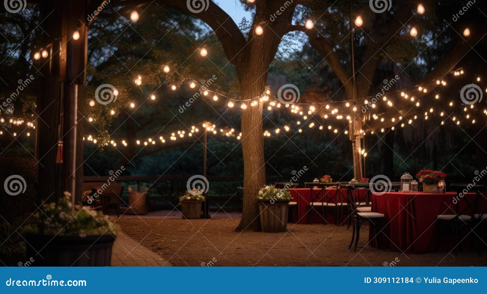 A Tree Shaded Patio or Event Venue with Strings of Lights Hanging between Tables and Chairs ...
