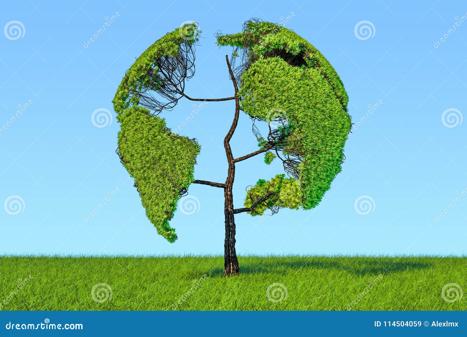 Tree in the Shape of Earth Globe on the Green Grass Against Blue Stock ...